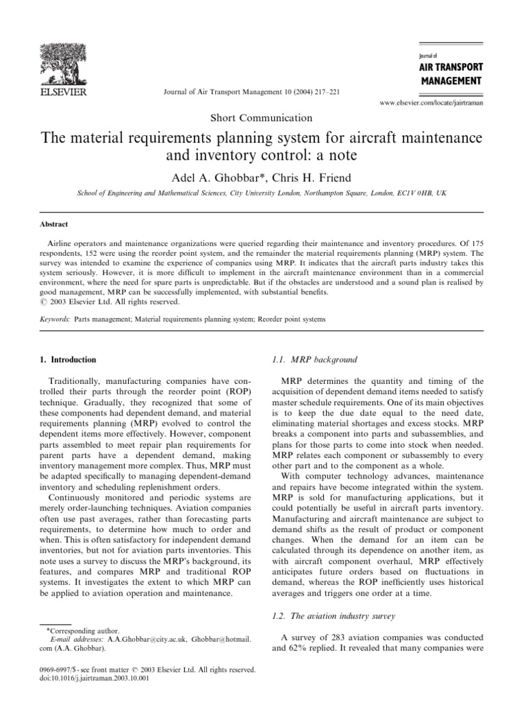 The Material Requirements Planning System For Aircraft Maintenance and ...