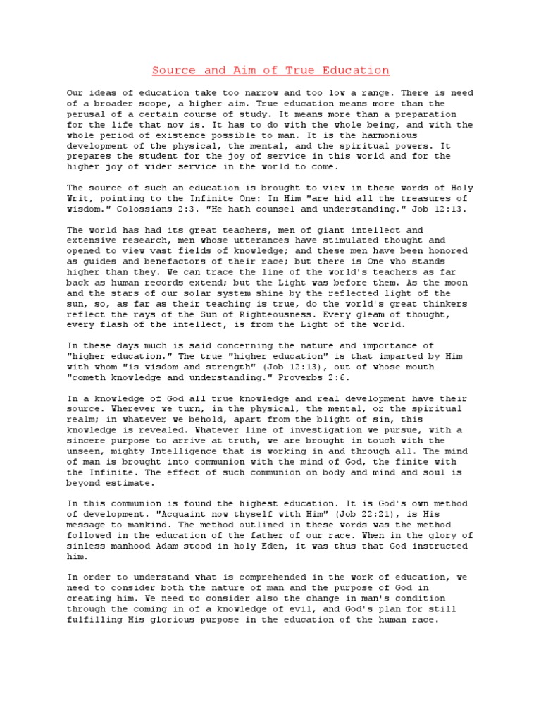 Source and Aim of True Education | PDF | God | Love