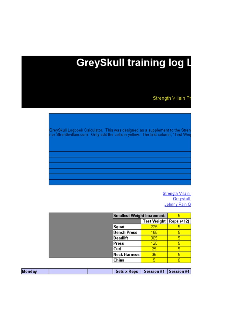 Strength Villain Program GreySkull Logbook Calculator - A 36 session ...