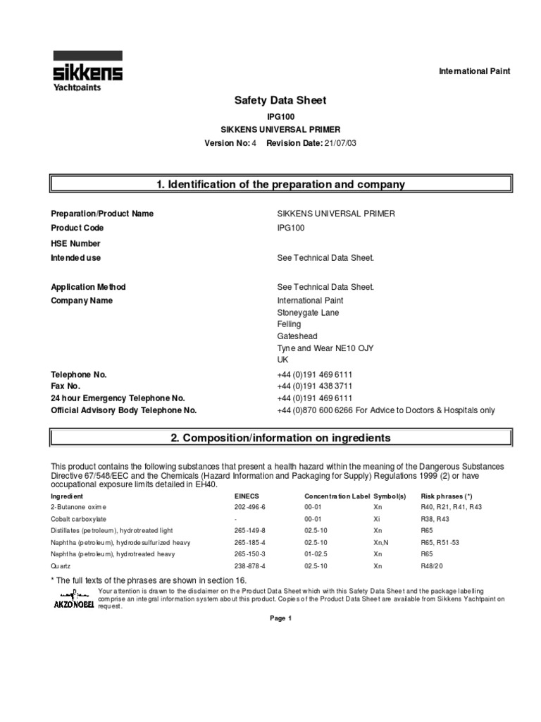 Sikkens Universal Primer Safety Data Sheet | PDF | Carbon Dioxide | Chemistry