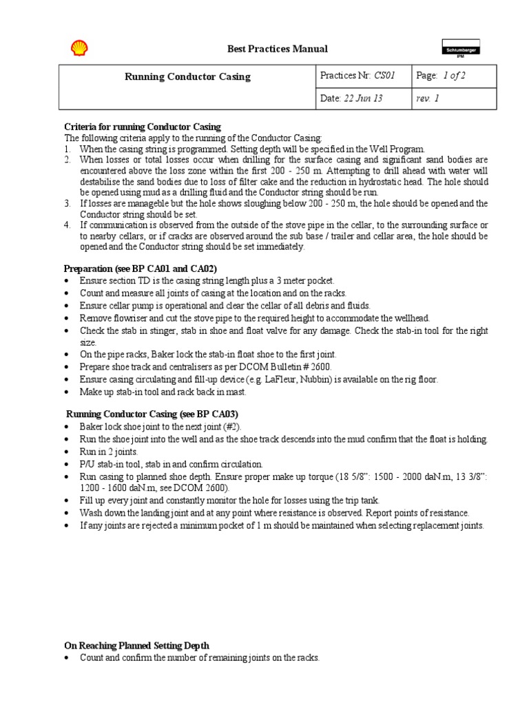 Practices Manual Running Conductor Casing | PDF | Casing (Borehole ...