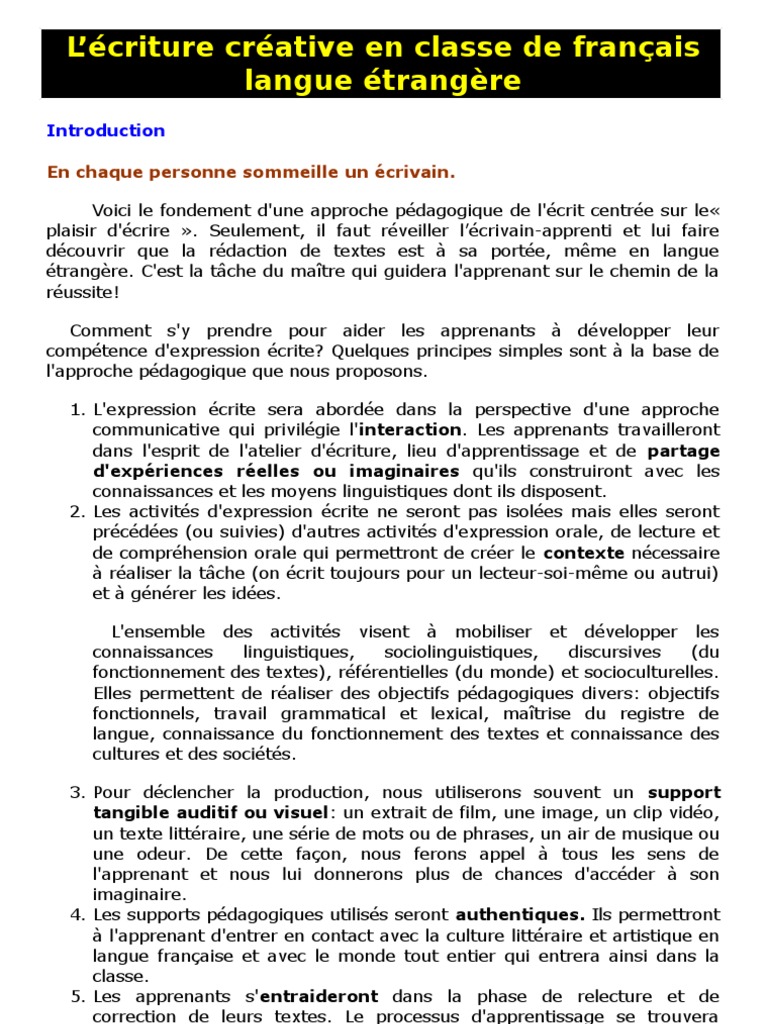 Écriture créative en classe de français | PDF | Pédagogie | Langue ...