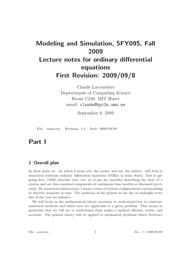 Modeling and Simulation, 5FY095, Fall 2009 Lecture Notes For Ordinary ...