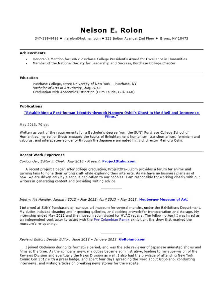 Nelson Rolon's Resume | PDF | Arts (General)