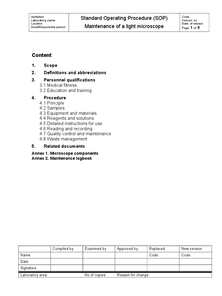 Content: Standard Operating Procedure (SOP) Maintenance of A Light ...