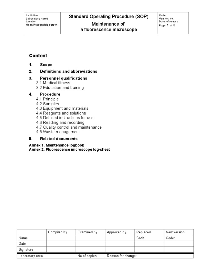 Content: Standard Operating Procedure (SOP) Maintenance of a ...