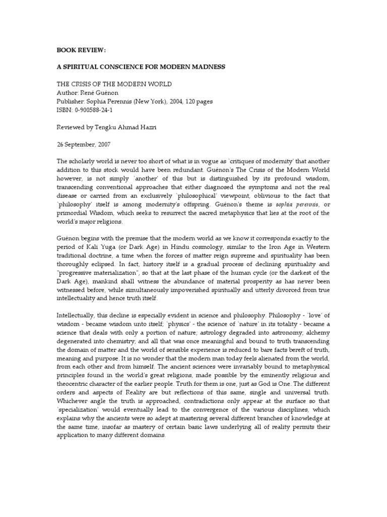 Book Review: Rene Guenon's The Crisis of the Modern World | Truth ...