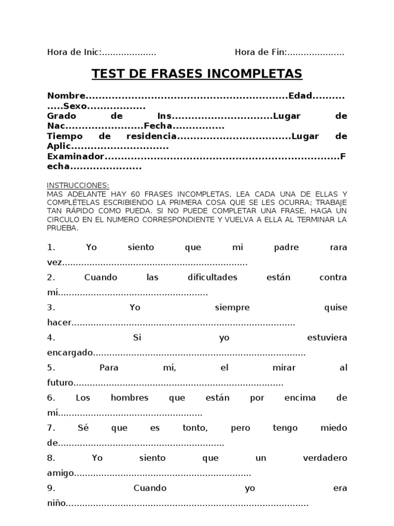 Test de SACKS Frases Incompletas | PDF
