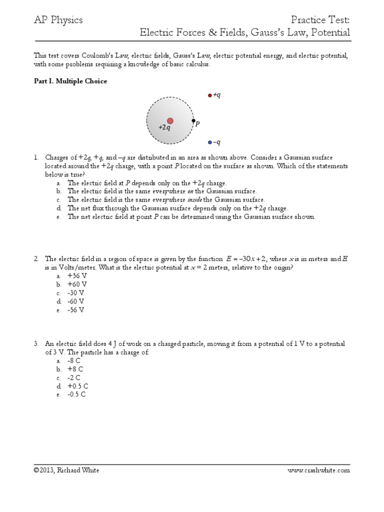 Practice Test 8 Electric Forces Fields Gausss Law Potential | PDF ...