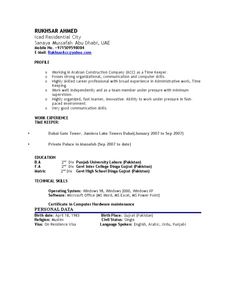 Timekeeper CV | PDF