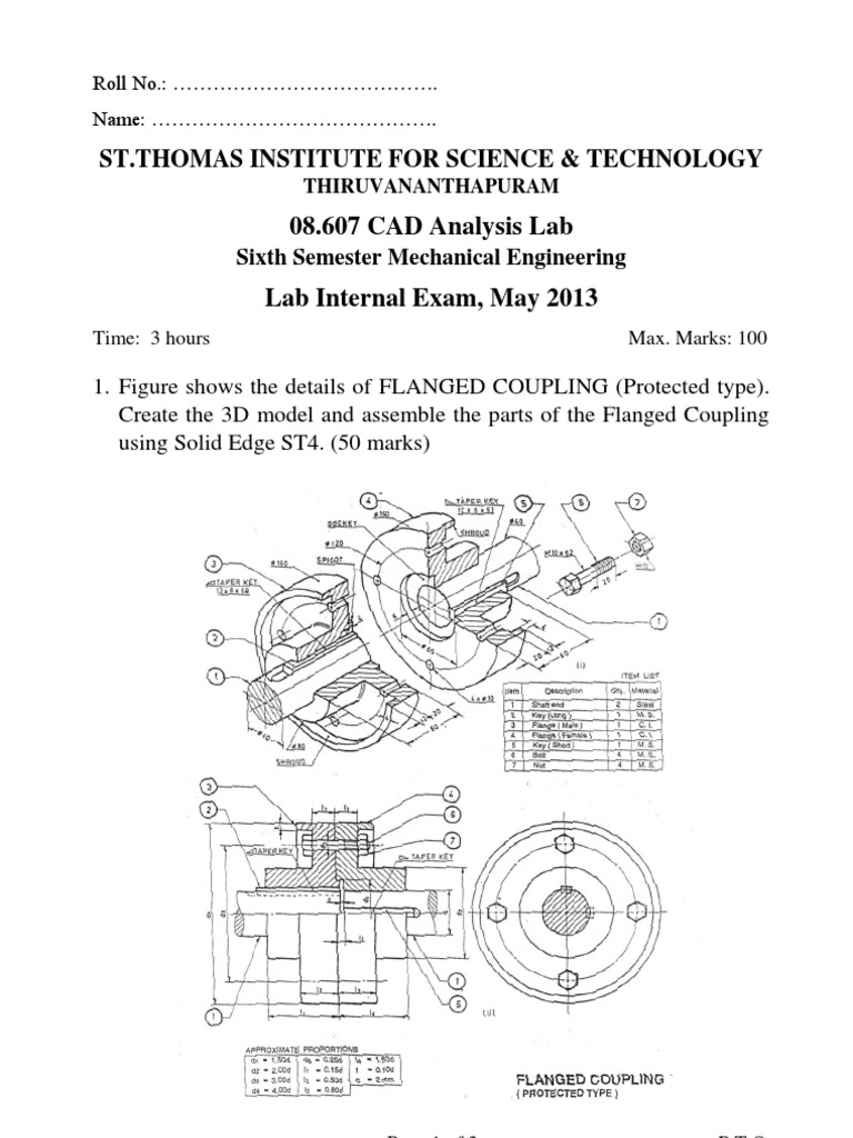 S6 Mech CAD Lab Model Exam Question Paper | PDF | Computer Aided Design | Mechanical Engineering