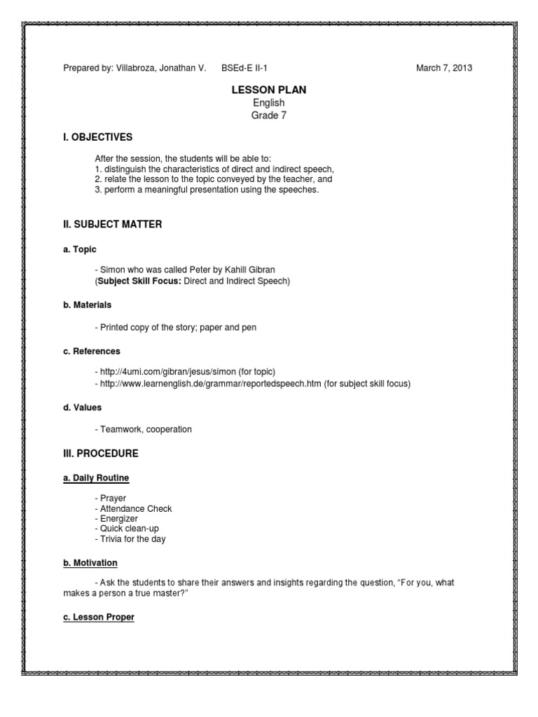 Grade 7 Lesson Plan: Direct & Indirect Speech | PDF | Lesson Plan ...