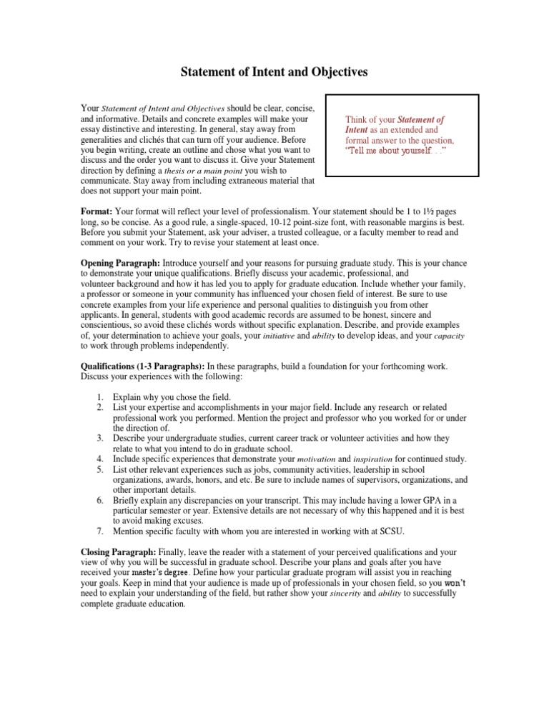 Statement of Intent and Objectives | PDF | Graduate School | Intention