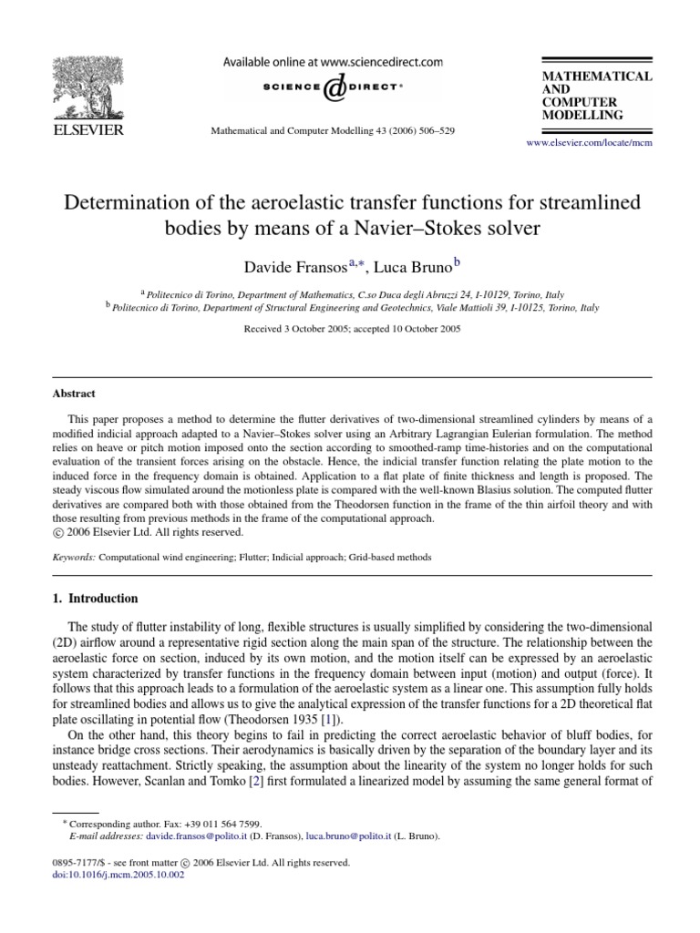Determination of The Aeroelastic Transfer Functions For Streamlined Bodies by Means of A Navier ...