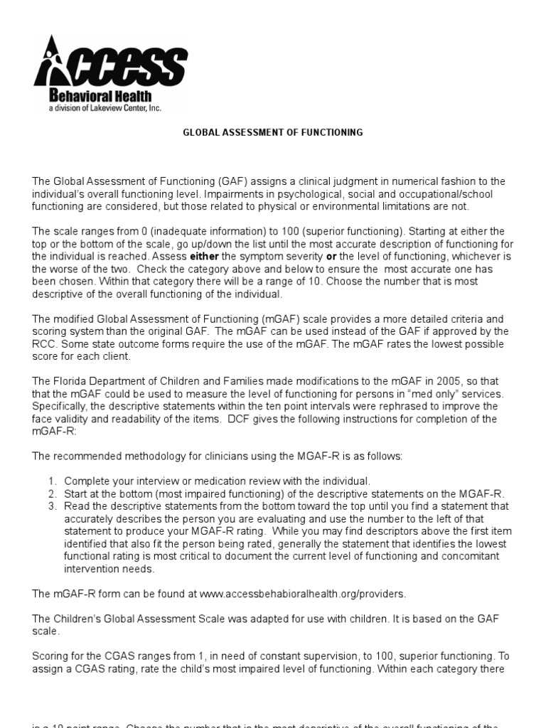 Global Assessment Functioning | PDF | Mania | Major Depressive Disorder