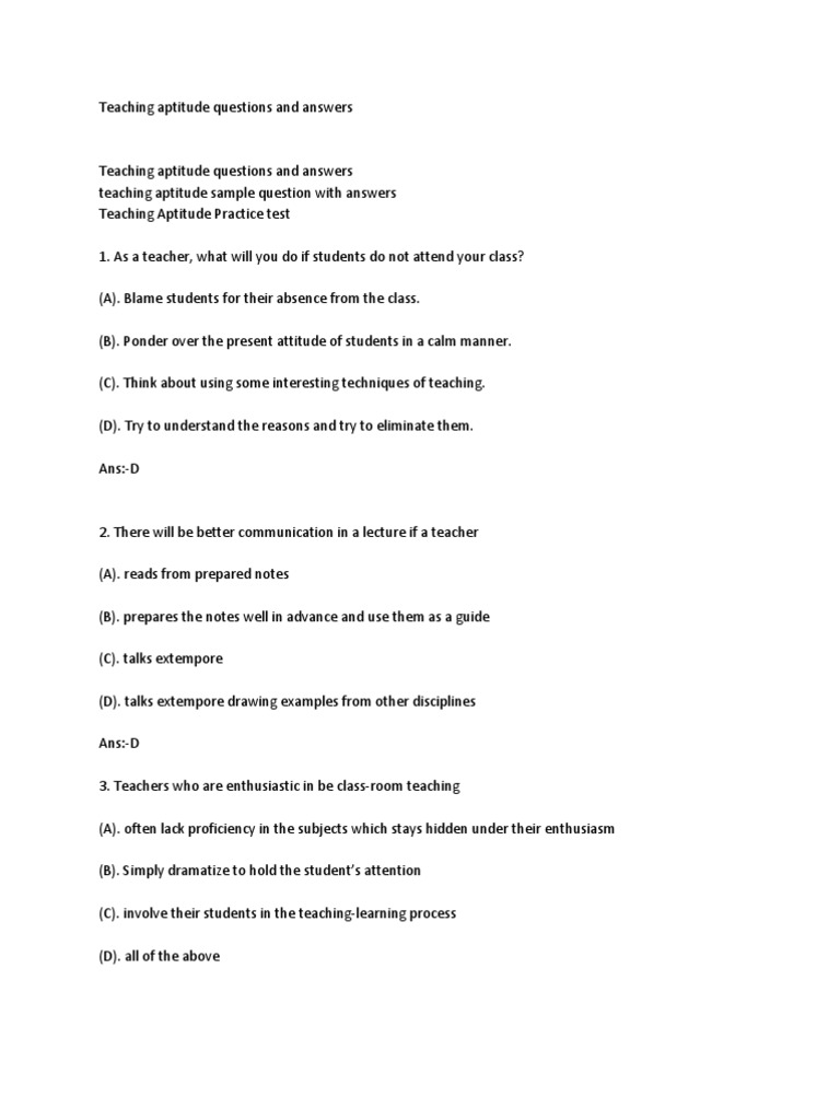 Teaching Aptitude Questions And Answers Pdf Teachers Psychology