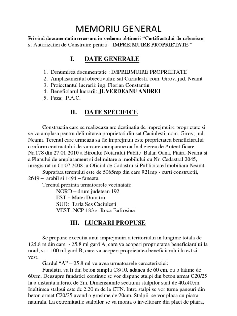 Memoriu Tehnic Justificativ Proiect Gard | PDF