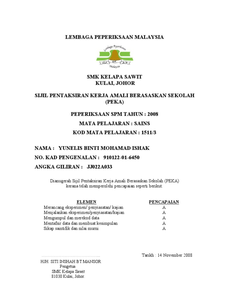 Contoh Sijil PEKA | PDF