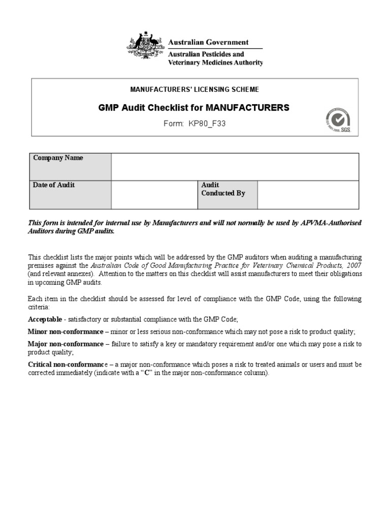 GMP Audit Checklist for Manufacturers | Quality Assurance | Audit