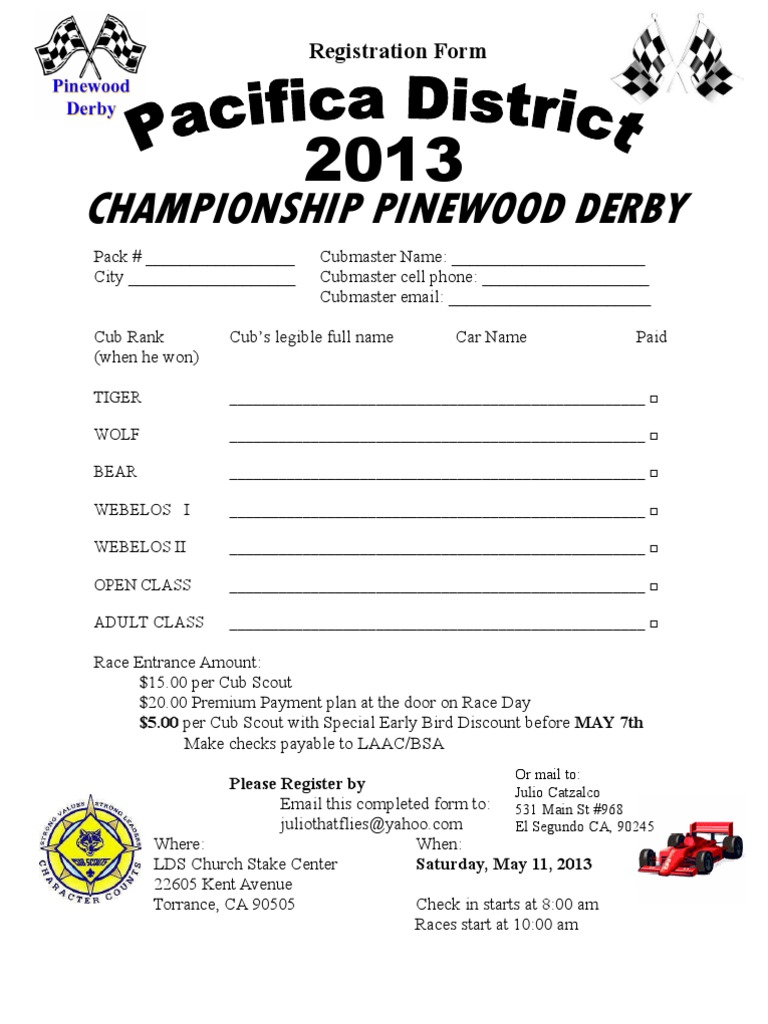 2013 Pinewood Derby Registration & Rules | PDF | Automobiles | Vehicles
