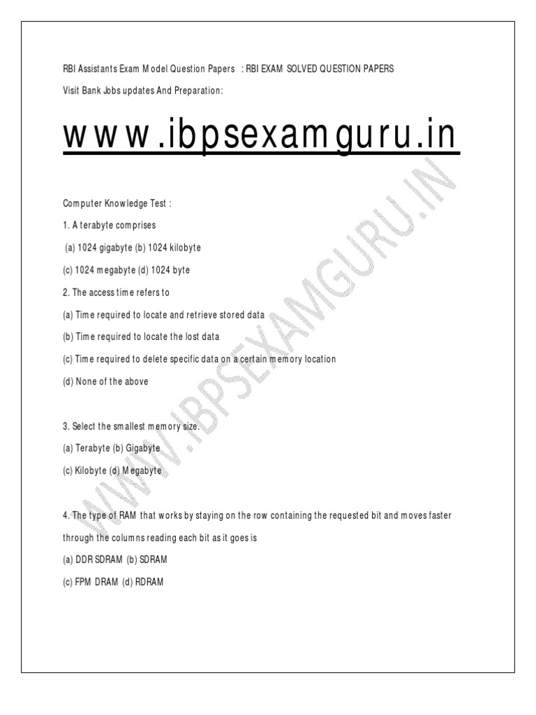 RBI Assistants Exam Model Question Papers | Disk Storage | Computer ...