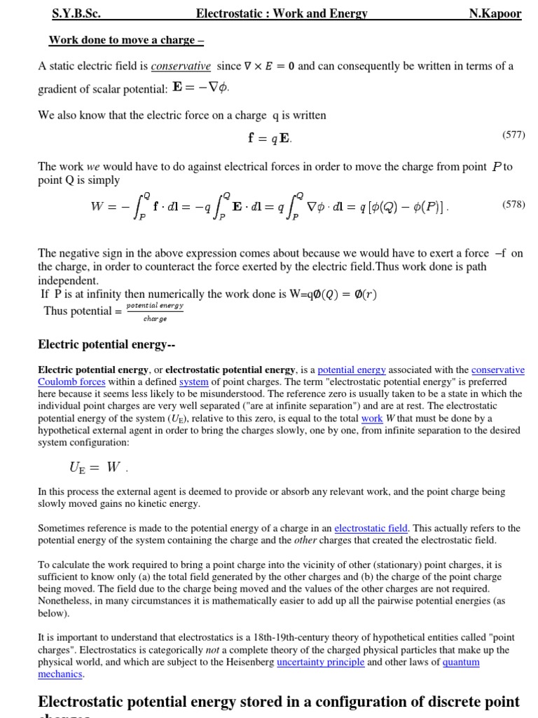 Electrostatic Work And Energy Pdf Electrostatics Potential Energy