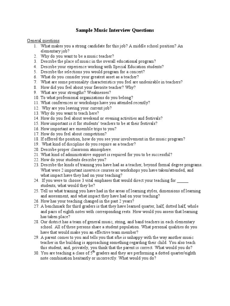 Music Teacher Interview Questions Guide | PDF | Music Education | Teachers
