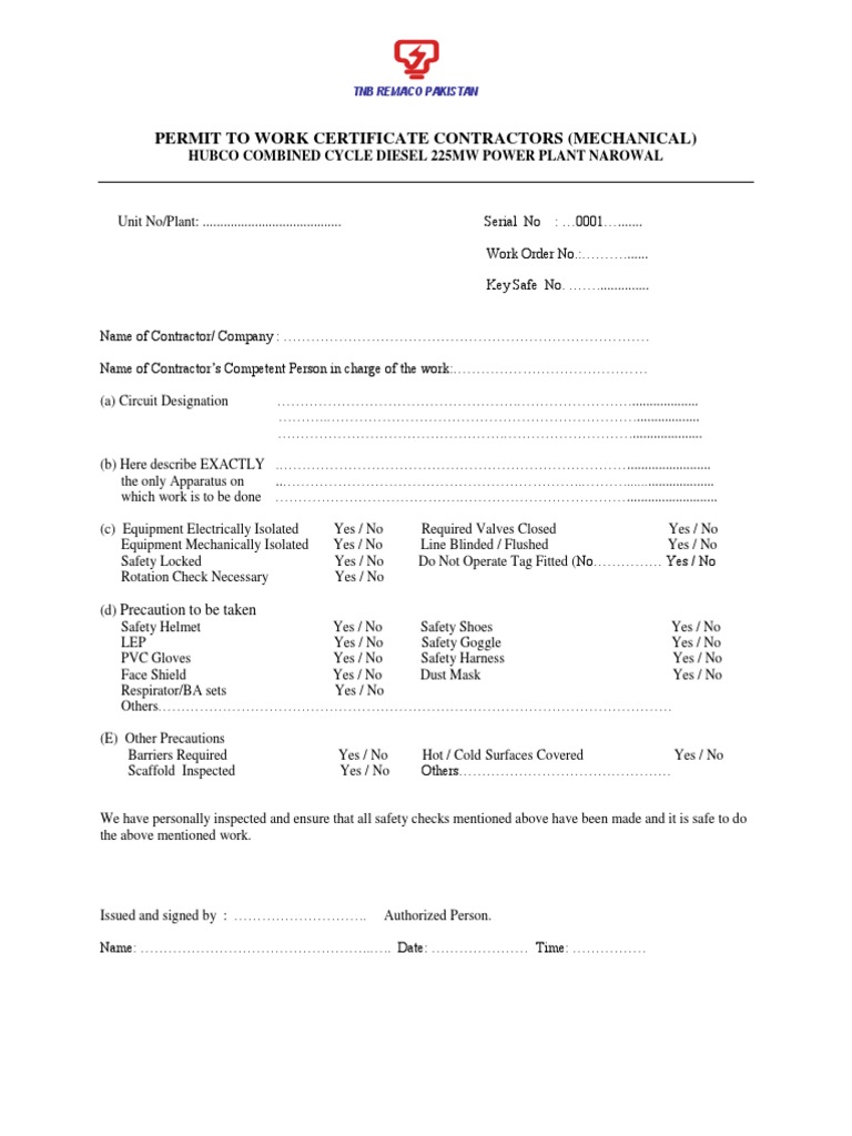 Permit To Work - Mechanical Contractor | PDF | General Contractor | Safety