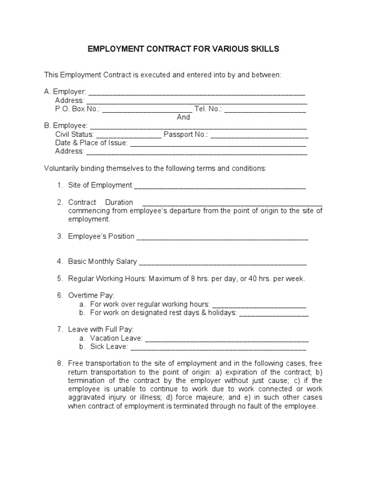 POEA Standard Employment Contract | PDF | Working Time | Employment