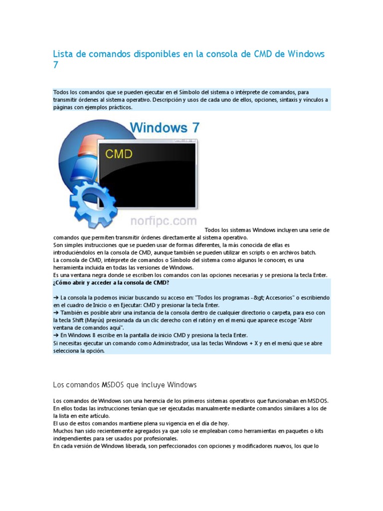 Lista de Comandos Disponibles en La Consola de CMD de Windows 7 | PDF ...