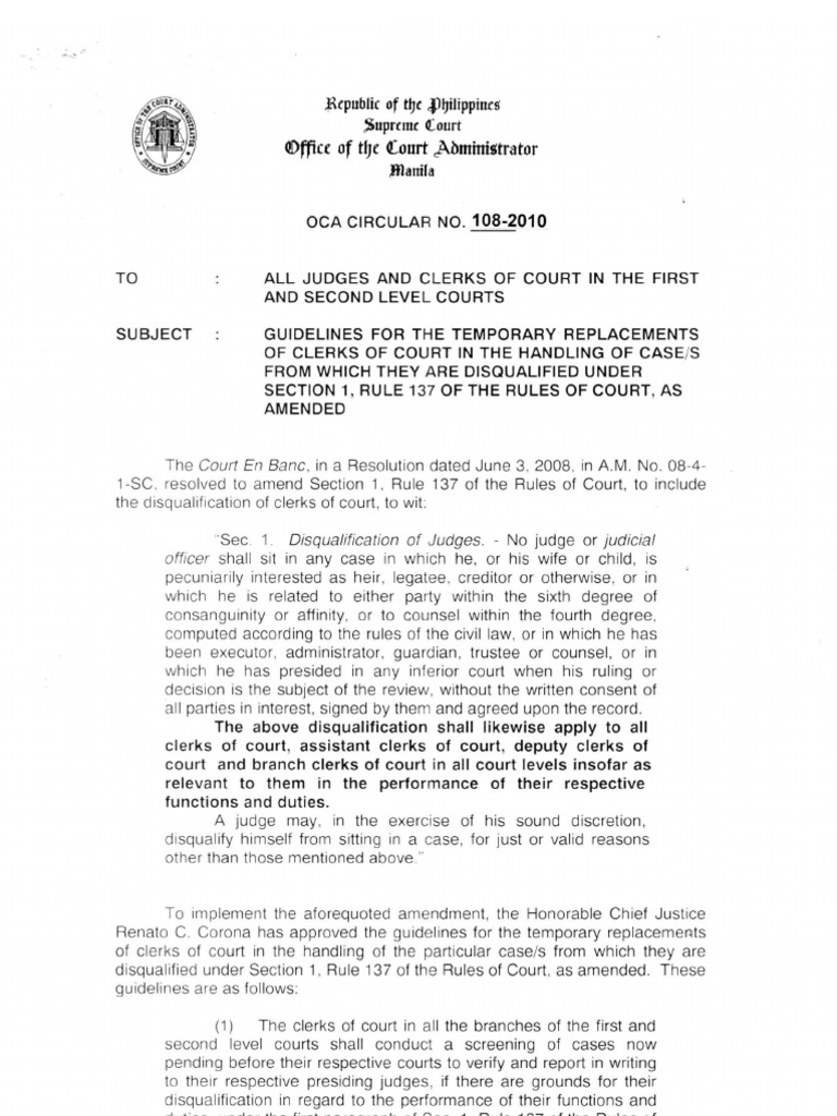 OCA Circular No. 108-2010 Non Relationship With Court Personnel Thru ...