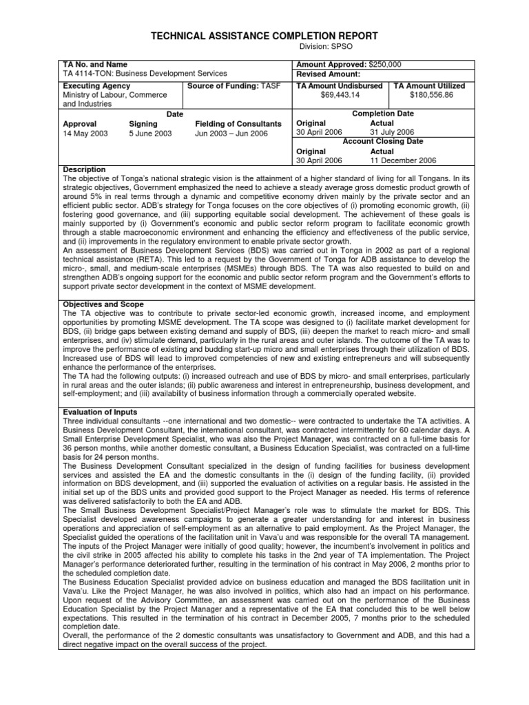 Technical Assistance Completion Report | Private Sector Development ...