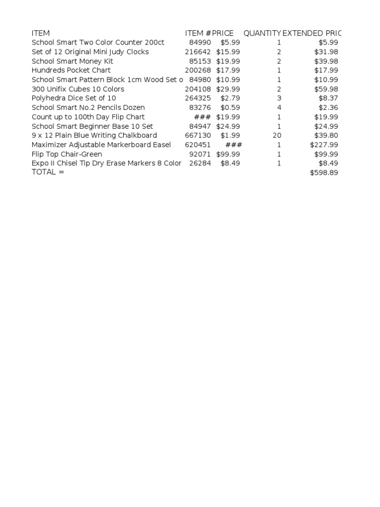 School Supplies Price List and Totals | PDF
