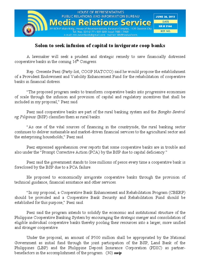 Capital Infusion for Cooperative Banks | PDF