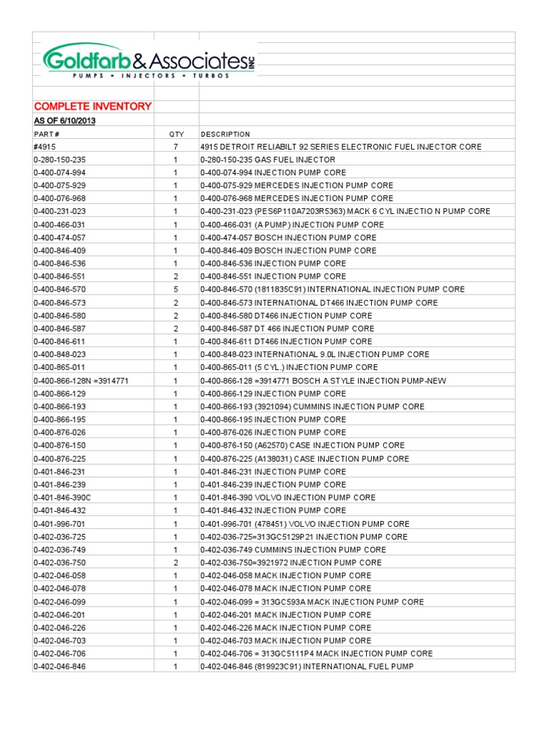 Fuel Injector and Pump Inventory List | PDF | Cummins | Fuel Injection