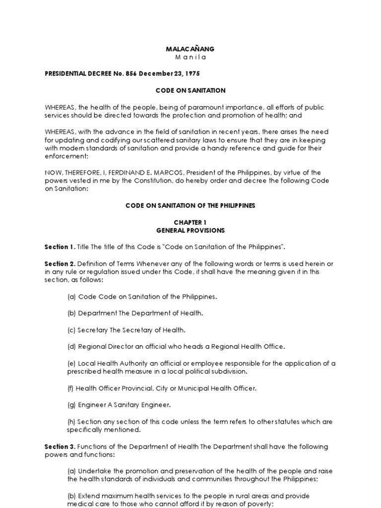 PD 856: Philippine Sanitation Code | PDF | Personal Protective ...