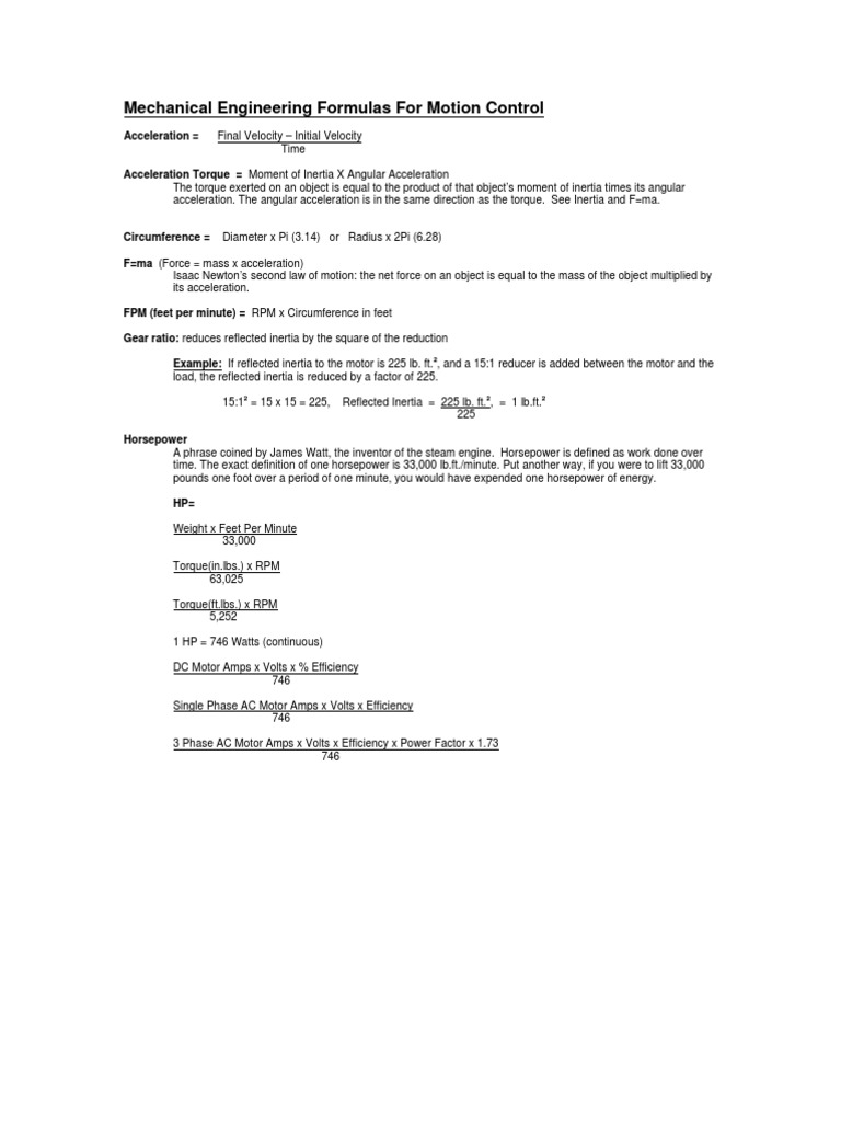 Mechanical Engineering Formulas For Motion Control | PDF