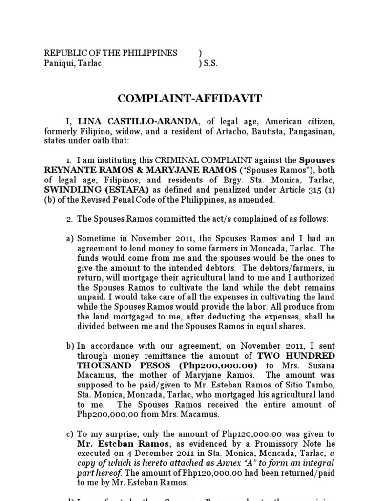 Estafa Complaint-Affidavit by Lina Castillo | PDF | Law