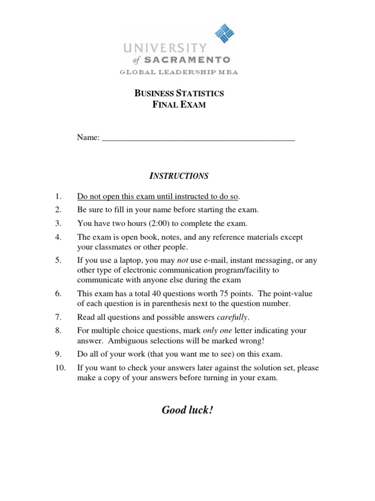 Business Statistics Final Exam Solutions | PDF | Student's T Test ...