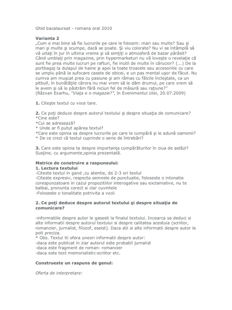 Ghid Bacalaureat Romana Proba Orala + Scris | PDF