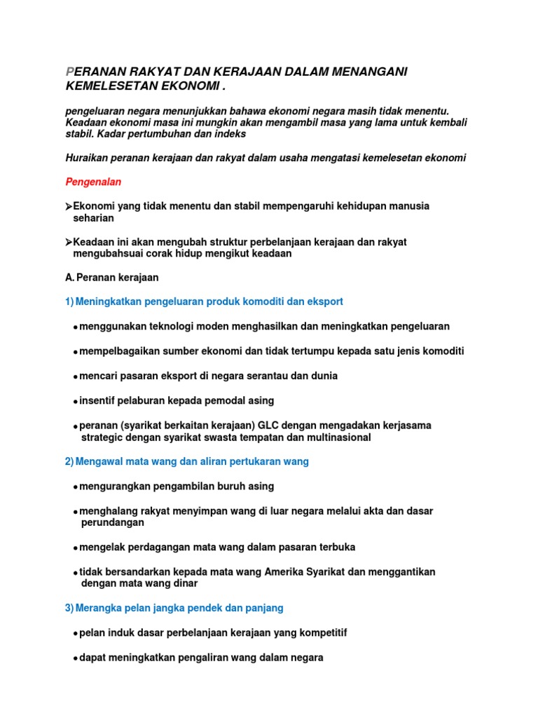 Peranan Rakyat Dan Kerajaan Dalam Menangani Kemelesetan Ekonomi | PDF ...