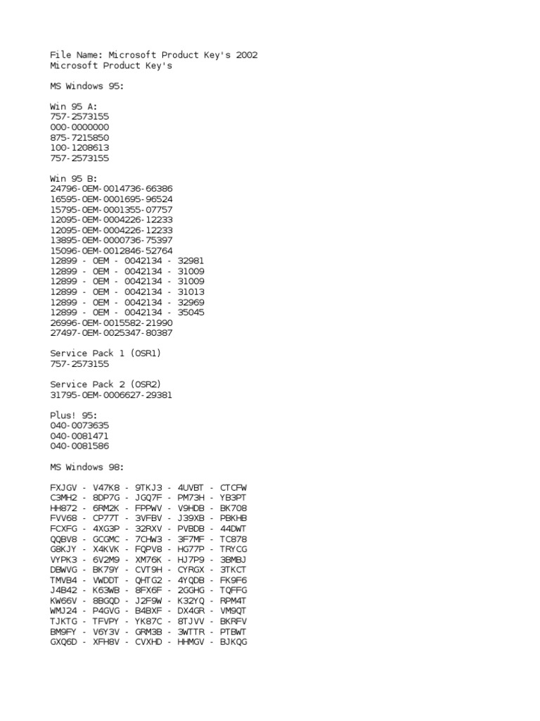 Microsoft Windows 95 98 ME 2000 2k XP Plus Office Product Keys CD Key ...