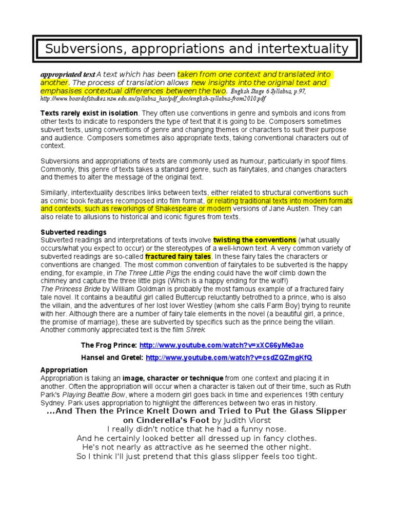 Appropriation and Subversion in Texts | PDF | Fairy Tales | Intertextuality