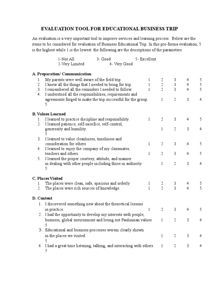 Business Trip Evaluation Form | PDF | Evaluation | Behavioural Sciences