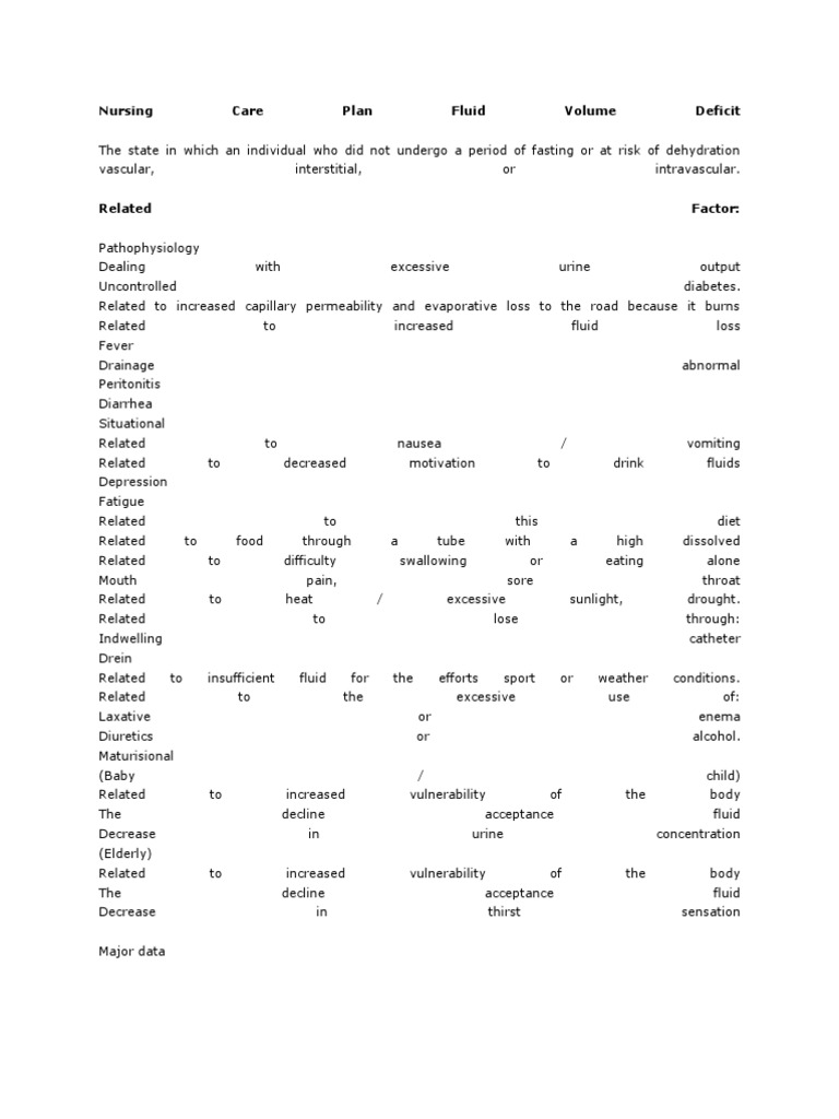 Nursing Care Plan Fluid Volume Deficit | PDF | Dehydration | Medical ...