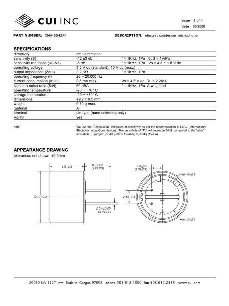 Specifications: DESCRIPTION: Electret Condenser Microphone Part Number ...