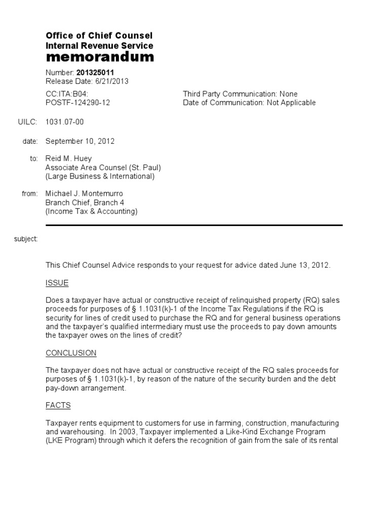 IRS Memo: §1031 Exchange Proceeds | PDF | Private Law | Money