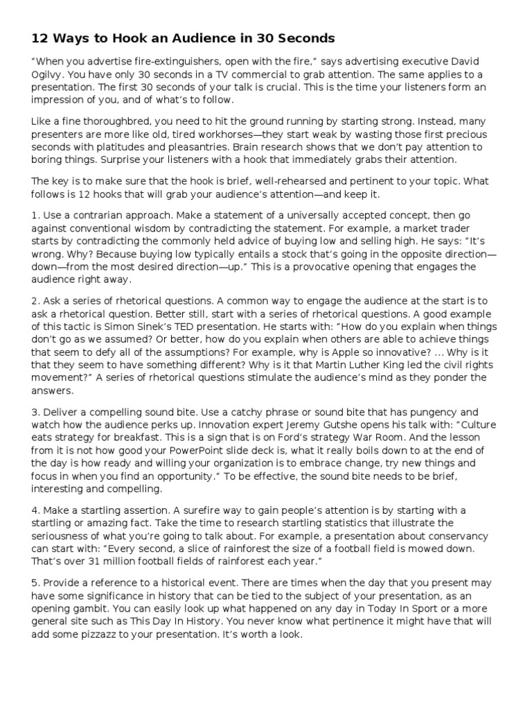 12 Ways To Hook An Audience In 30 Seconds Pdf Fear Psychological