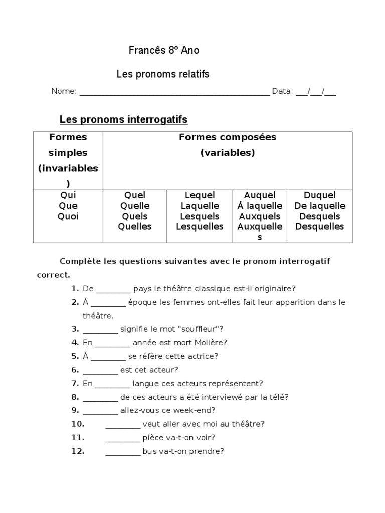 1 - Ficha de Trabalho - Les Pronoms Interrogatifs | PDF