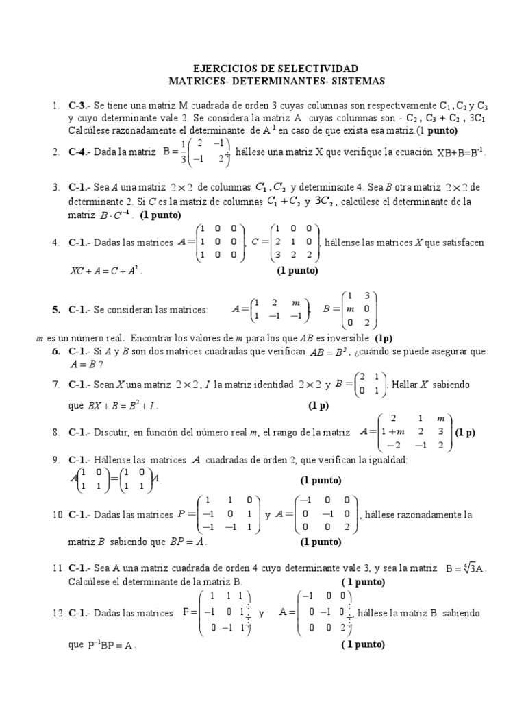 Ejercicios de Selectividad Matrices | PDF | Determinante | Matriz (Matemáticas)
